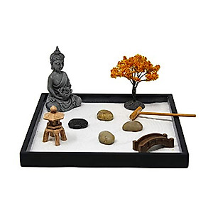 Nature's Mark Mini Zen Garden Kit for Desk with Rake, White Sand, Buddha, Bridge Black Square Base, River Rocks and Mini Blossom Tree (9Lx9W A)