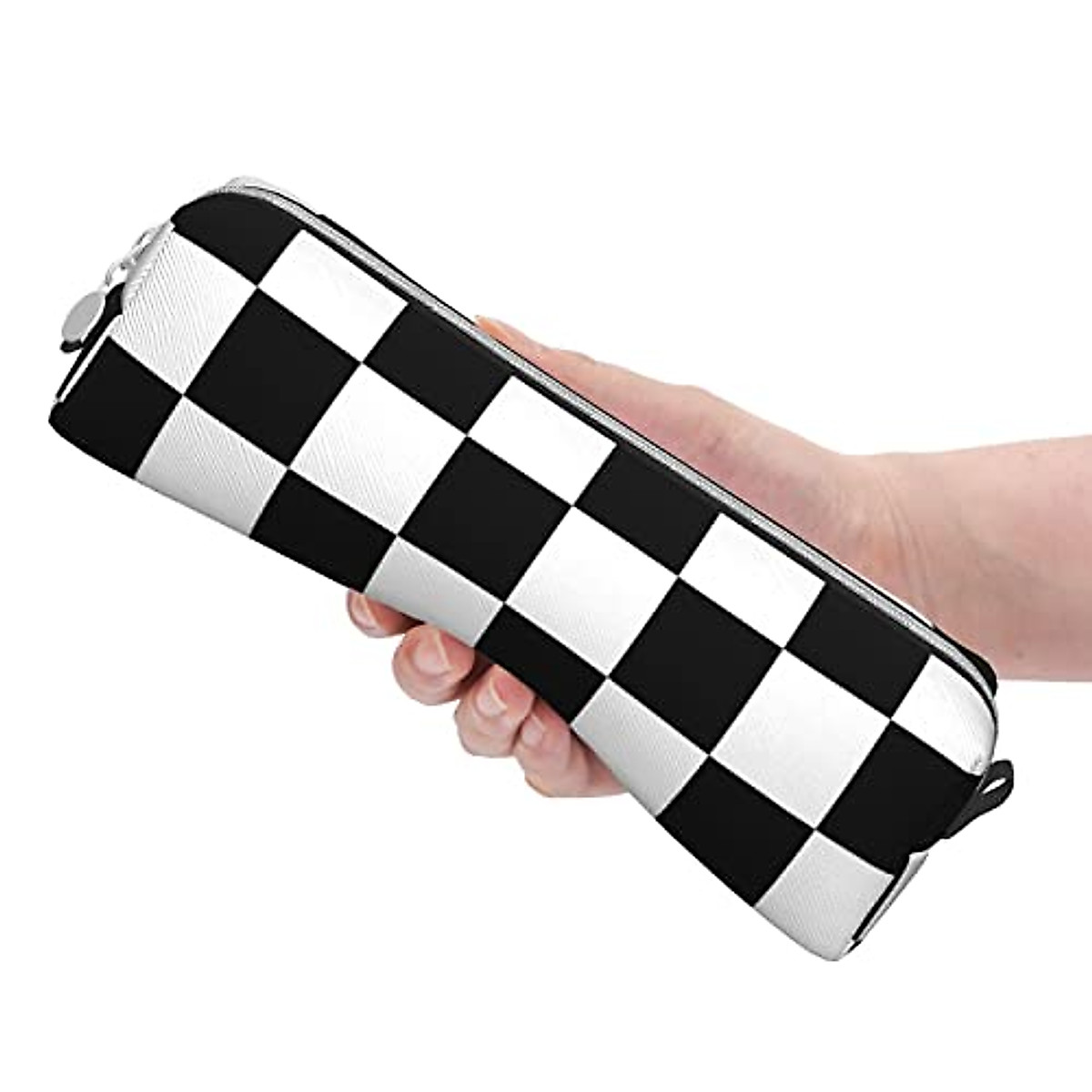 Ykklima Leather Pencil Case - Black White Race Checkered Flag Pattern, Stationery Bag Pen Organizer Makeup Cosmetic Holder Pouch for School Work Office College