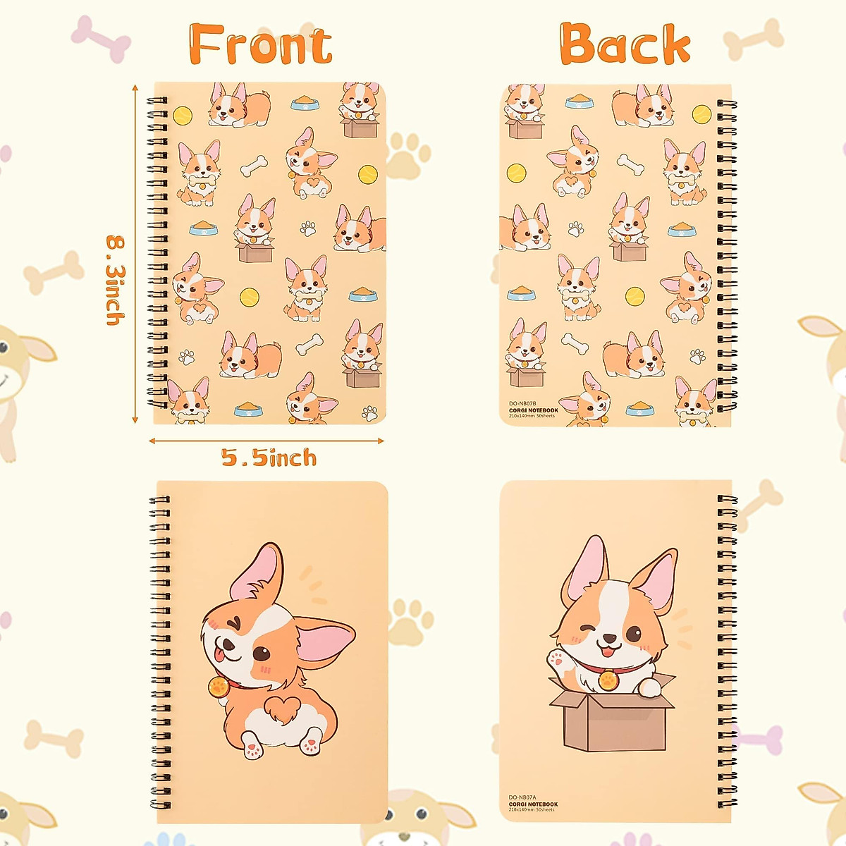 L1rabe 2 A5 Corgi Spiral Notebooks Spring Back to School Cute Yellow Funny Corgi College Ruled Notebook Hardcover Spiral Travel Drawing Journal Notepad Diary for Kids Teens Easter Birthday Gifts