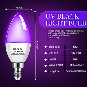 Qualirey 4 Pieces LED Black Light Bulb 6w E12 Base Blacklight Candle Bulb Glow in The Dark Party Level 395-400 Nm Halloween Black Lights for Home Stage DJ Disco, Body Paint, Neon Fluorescent Poster