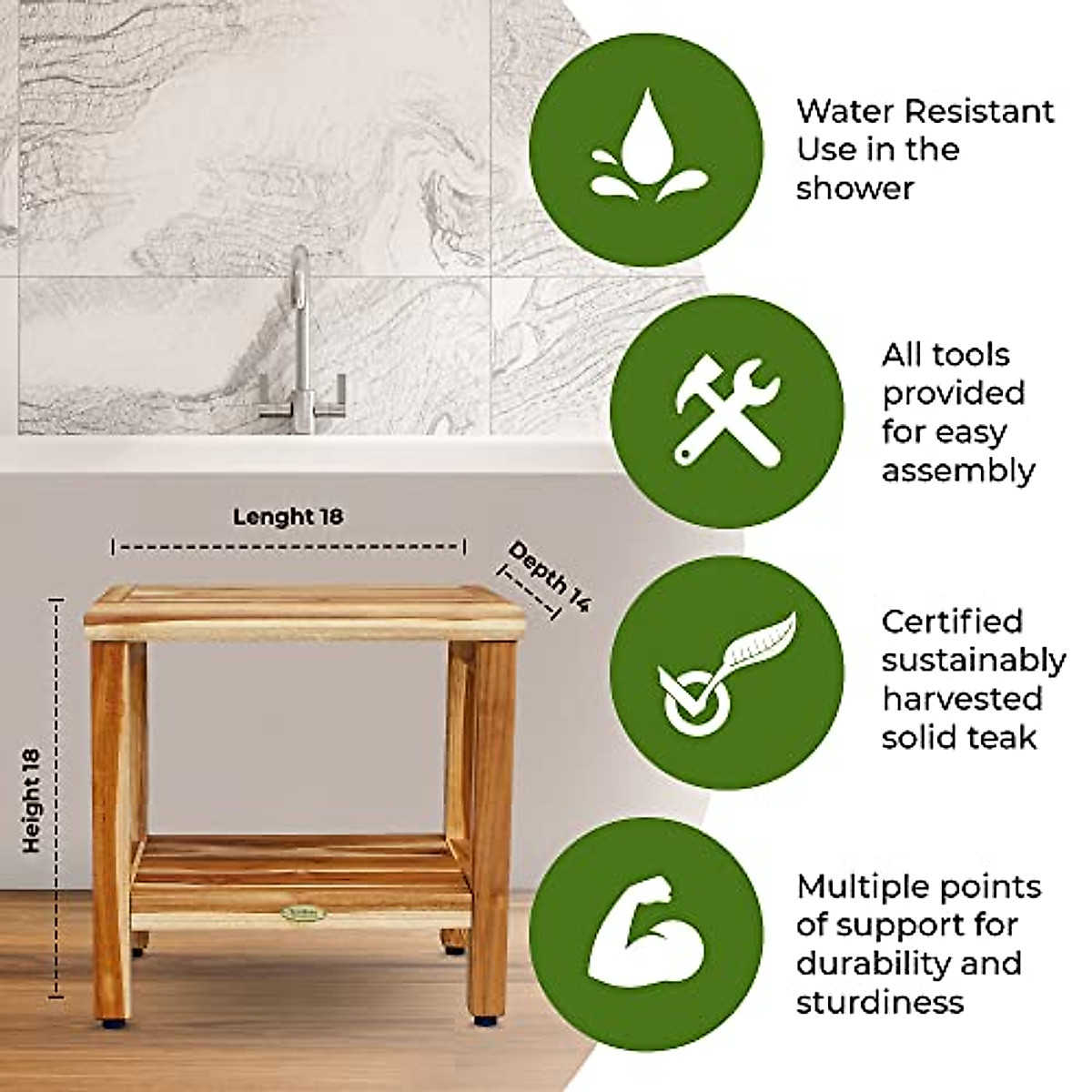 EcoDecors Earthy Teak Shower Bench Wooden Seat Eleganto Garden Bench 18″ Length Natural Teak Shower Seat with Shelf Wood Shower Bench for Indoor and Outdoor Use