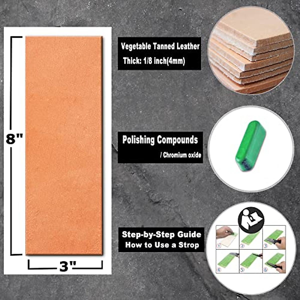 LAVODA Leather Strop Double-sided Honing Strop 3" by 8" with Green Polishing Compound Stropping Compound Leather Knife Sharpener for Woodcarving Chisels Razor Chef's knife Polishing Sharpening