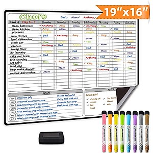 JJPRO Magnetic Dry Erase Chore Chart for Multiple Kids and Adults:Large Whiteboard16"x19"-Chore Kids,Calendar,Meal Board Notes All-in-One,Behavior Kids,Teenagers, White