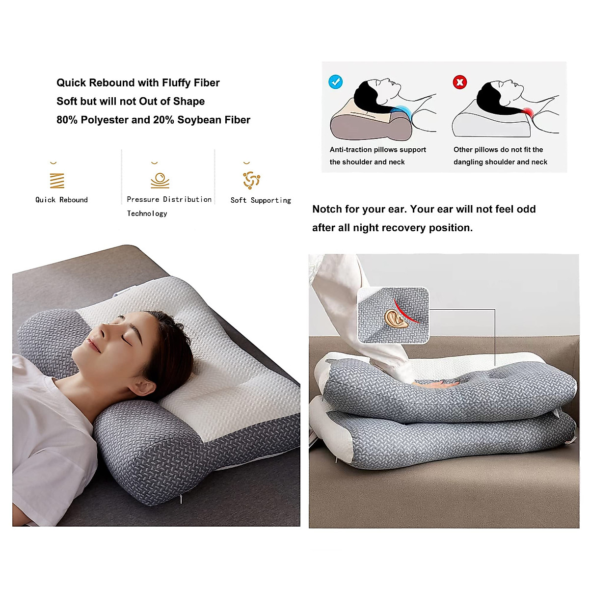 OTONIS Super Ergonomic Pillow 2024 for Neck and Shoulder Pain, Orthopedic Correction Repair Traction Contour Pillow, Supportive and Bigger Version, Gray