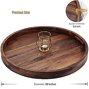 MAGIGO 20 Inches Extra Large Round Black Walnut Wood Ottoman Tray with Handles, Serve Tea, Coffee or Breakfast in Bed, Classic Circular Wooden Decorative Serving Tray