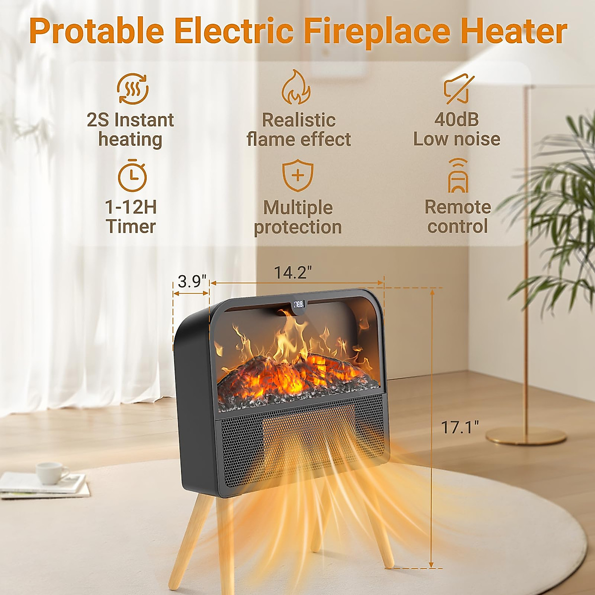 Electric Fireplace Heater, Freestanding Electric Fireplace with Realistic Flame & Solid Wood Stand, Portable Space Heater Fireplace for Indoor Use with 1-12H Timer, 59℉ to 95℉ Thermostat, 1500W