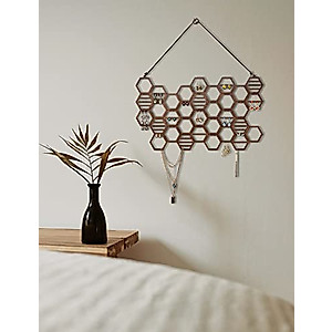 Heesch Hanging Earring Holder Honeycomb Earring Organizer Wall Mount Earring Display Wood Hanging Jewelry Organizer for Stud Earrings, Necklaces (Walnut)