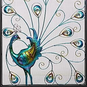 Deco 79 Metal Peacock Fireplace Screen Rainbow 3 Panel with Crystal Accents and Black Frame, 48" x 1" x 32", Blue