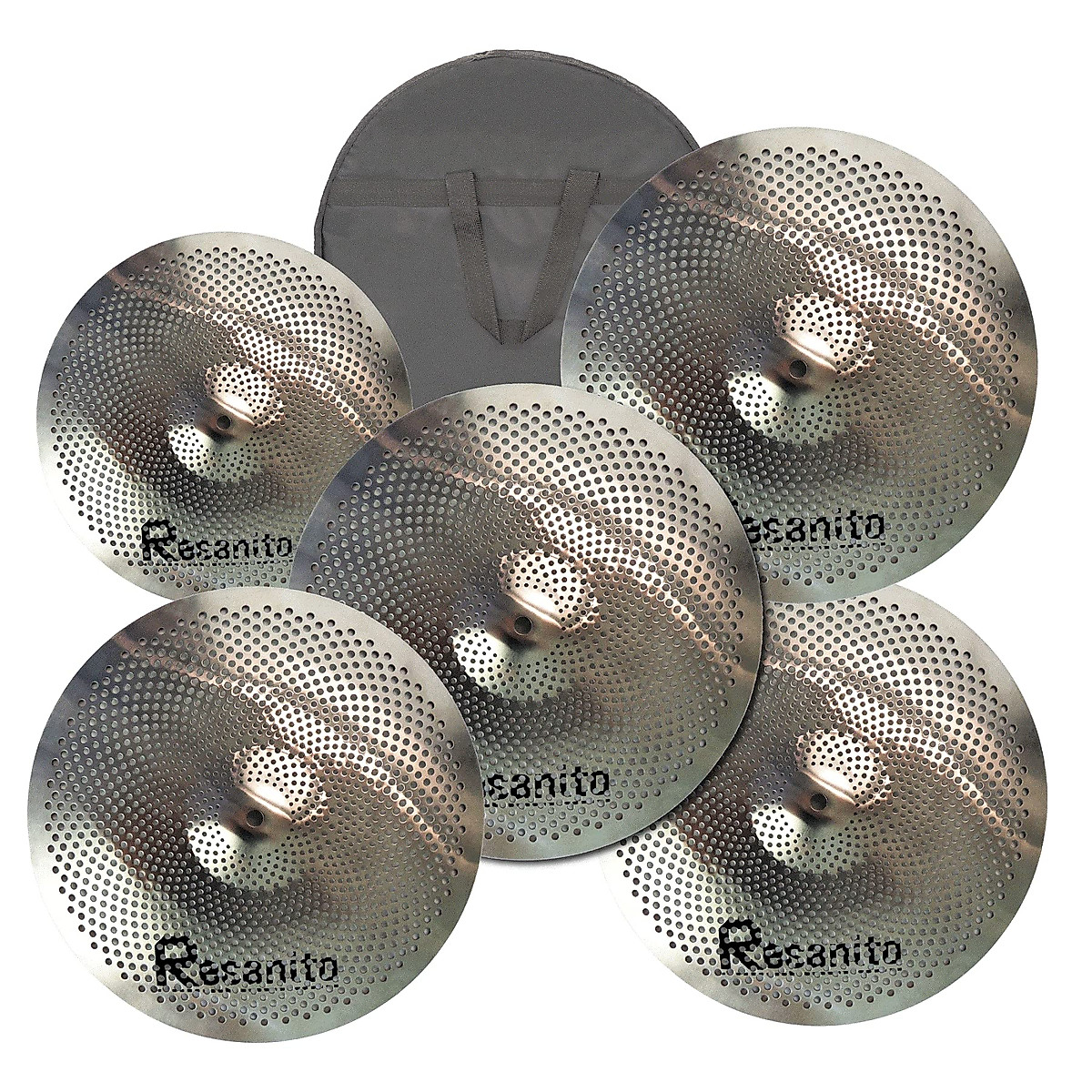 Resanito Low Volume Cymbal Pack Mute Cymbal Set, 14"hi-hat+16"crash+18"crash+20"ride (5 pieces) with FREE Cymbal Bag, Chrome