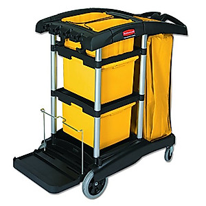 Rubbermaid Commercial Products High-Capacity Janitorial Cleaning Cart with Bins, Black, Zippered Vinyl Bag and Wheels, Transport Cleaning Supplies in School/Facility