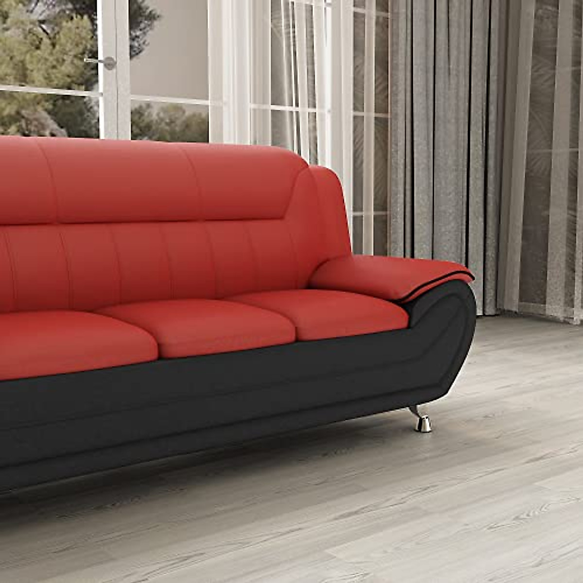 US Pride Furniture Michael Collection Modern Style Faux Leather Couch-Versatile 3 Seater Accent Piece for Living Room, Bedroom or Office-Comfortable Design and Elegant Look, 79" Sofa, Red/Black