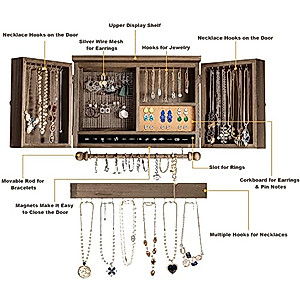 FANTASK Rustic Wall Mounted Jewelry Organizer Cabinet, Wooden Hanging Jewelry Holder Box w/Barndoor, Removable Bracelets Rod, Hooks Shelf, Removable Bracelet Rod & Hook Organizer for Hanging Jewelry