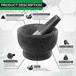 ChefSofi Mortar and Pestle Set - Black Polished Exterior - 6 inch - 2 Cup Capacity
