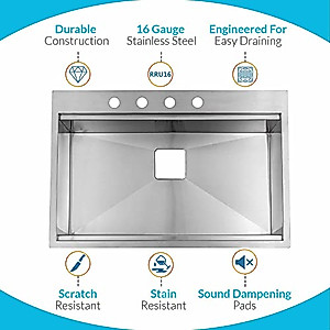 Strictly Sinks 33 Topmount Kitchen Workstation Sink Silver Single Bowl 16 Gauge Stainless Steel Drop In Sink With Scratch, Stain Resistant Colander, Cutting Board, Bottom Grid & Strainer Square Drain