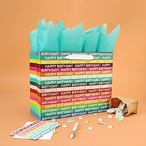 13" Large Gift Bag Set with Greeting Card and Tissue Papers (Colorful Stripes and Happy Birthday) for Women's or Men's, Boys, Girls, Baby Shower
