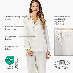 Fishers Finery Women's 100% Pure Mulberry Silk Long Pajama Set with Gift Box - Button Down Pj Top, Cool and Comfortable Loungewear (White, L)