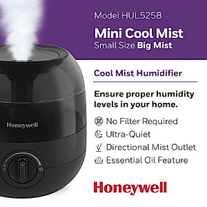 Honeywell Mini Cool Mist humidifier, Easy to Fill and Clean, humidifier for small Bedroom, Kids Rooms, or office. Ultra Quiet Operation and Auto Shut-Off - Black, HUL525B
