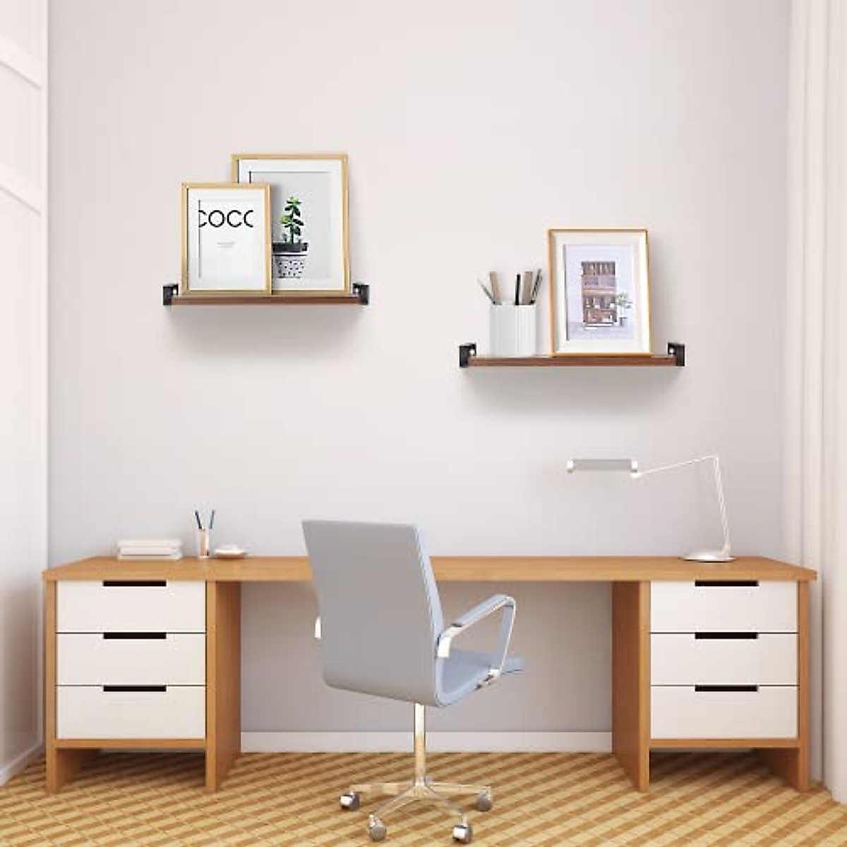 Pemtow Floating Wall Shelves Set of 2, Sized 14.4” and 15.7”, Rustic Wood Storage Hanging Shelf for Bedroom Living Room Bathroom Kitchen