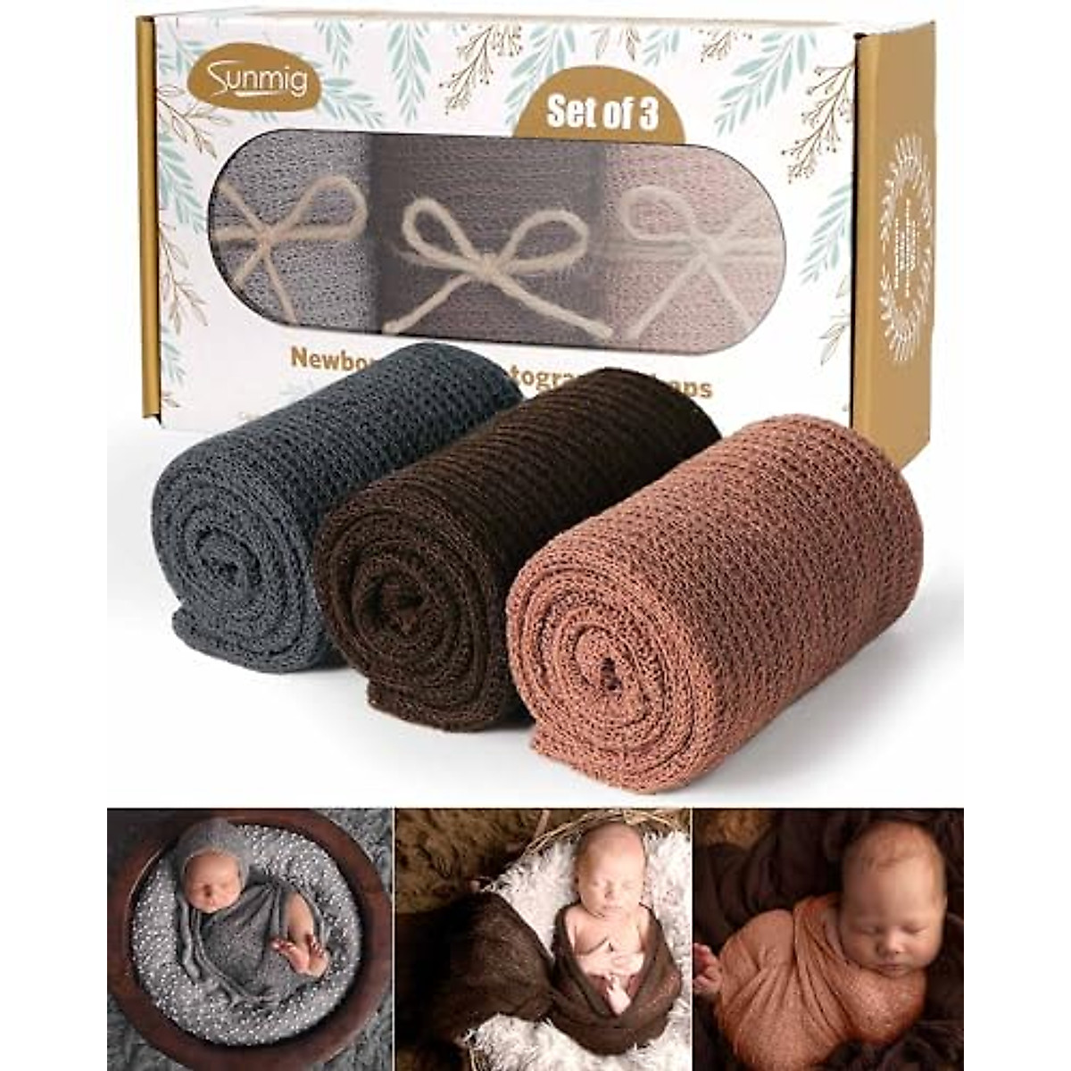 Sunmig Newborn Photography Props, 3 Pcs Baby Stretch Wraps, Professional Baby Photo Props Long Ripple Wrap, for 0-6 Months Baby (Dark Grey+Coffee+Brown)