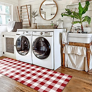 IDOWMAT Kitchen Rug Sets of 2 - Absorbent Non-Slip Kitchen Mats Farmhouse Red White Buffalo Checkered Plaid Floor Comfort Mats Doormat for Kitchen Office Laundry 15.7x23.6in + 15.7x47.2in