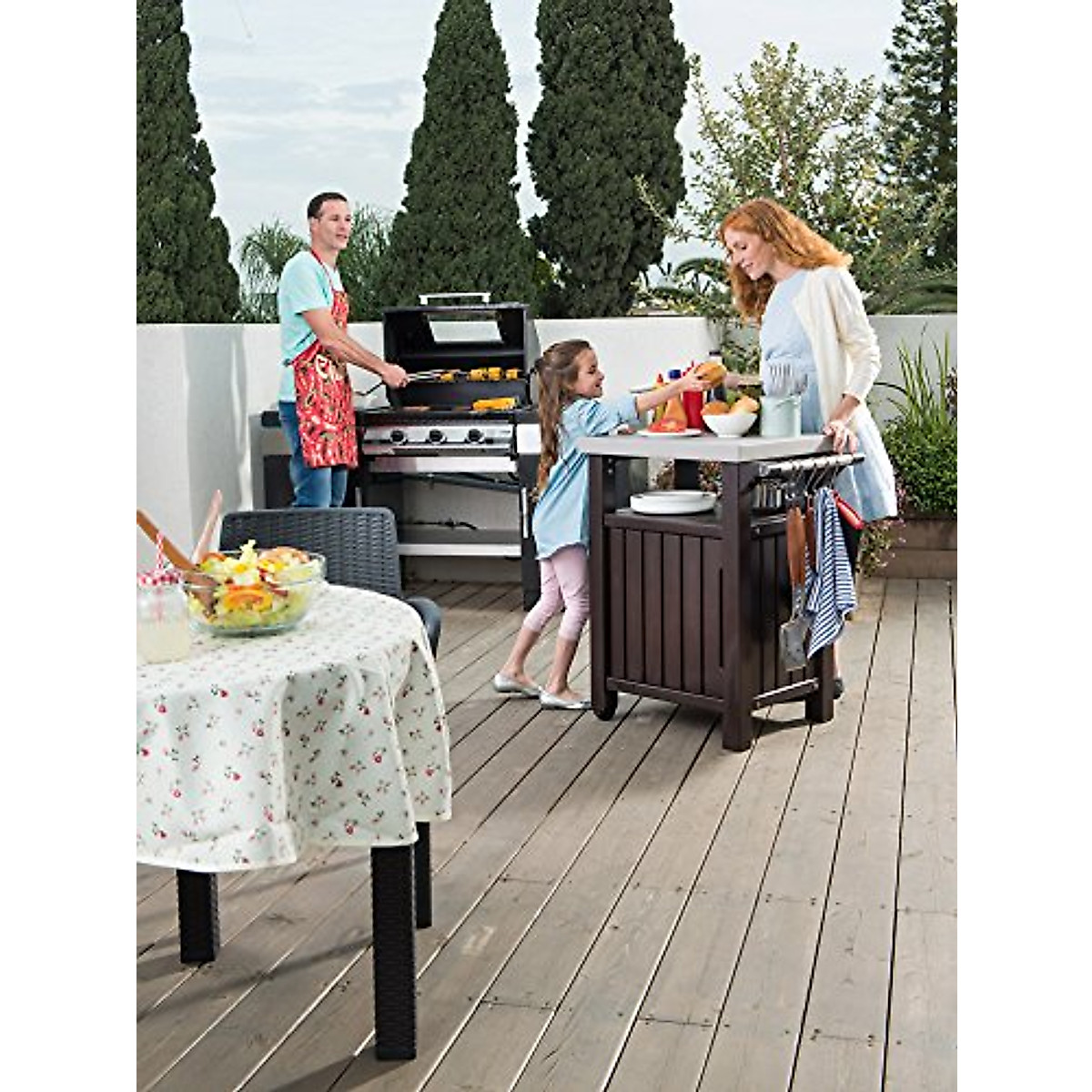 Keter Unity Portable Outdoor Table and Storage Cabinet with Hooks for Grill Accessories-Stainless Steel Top for Patio Kitchen Island or Bar Cart