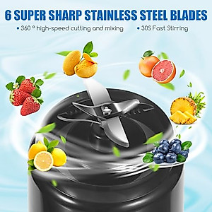 Kqiang Portable Blender, USB Rechargeable, 400ml Capacity, 360 High-Speed Cutting and Mixing, Six Blade Design, Black