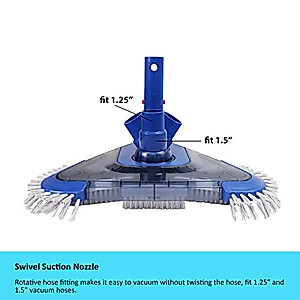Poolvio Triangular Pool Vacuum Head with Side Brush, Swivel Hose Connection, EZ Clip Handle,3 Ball Wheels - Connect 1-1/4", 1-1/2" Hose for Inground and Above Ground Swmming Pools