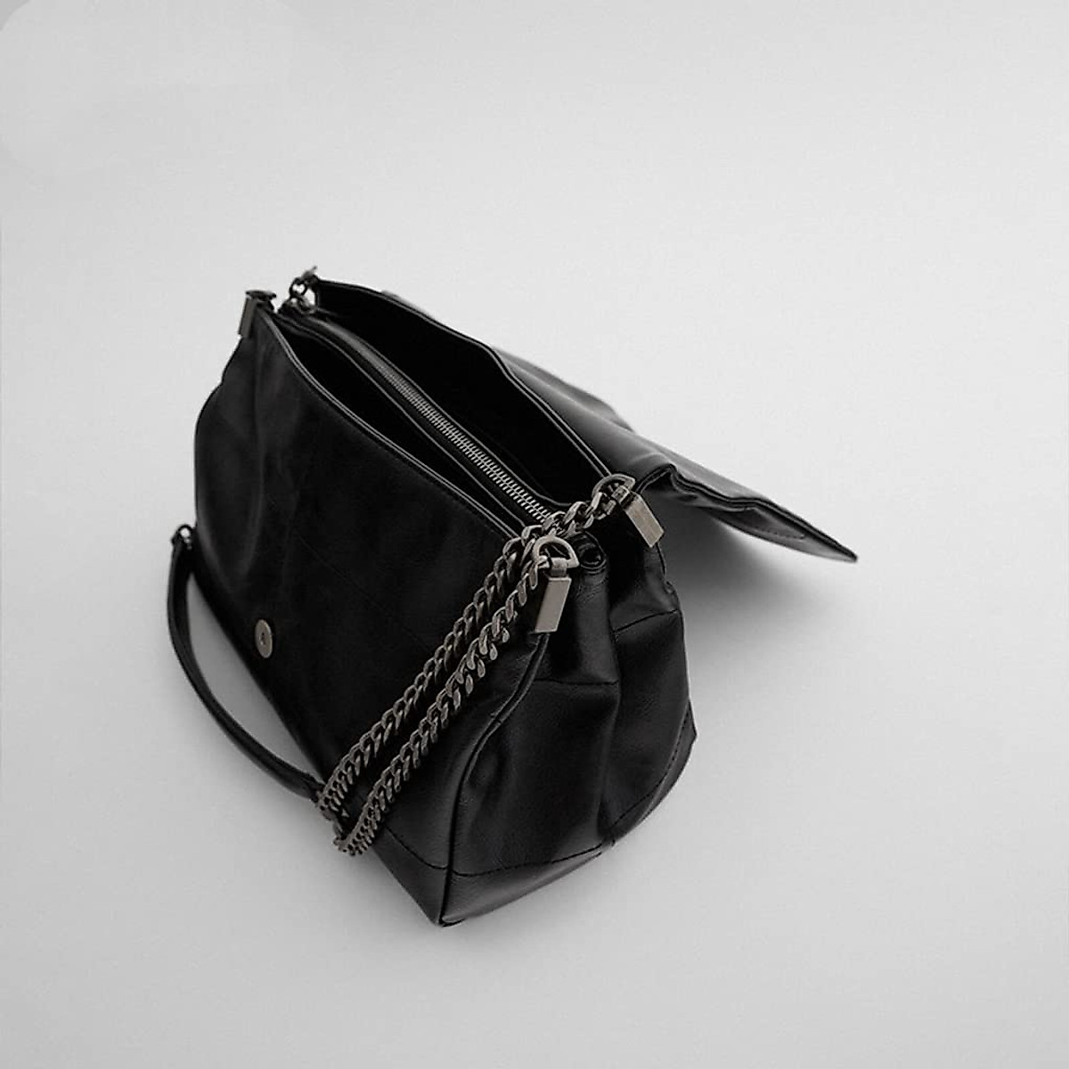 Womens Vintage Black Rock Style Flap Single Shoulder Bag with Chain Strap Faux Leather Luxury Zipper Messenger Handbag Pack Purse Chain Strap Faux Leather Purse