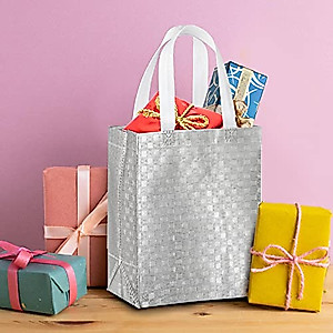 Tosnail 40 Pack 10 x 8 Inch Glossy Reusable Grocery Bags, Shop Tote Bag, Present Gift Bag for Wedding, Party - Checkered Silver