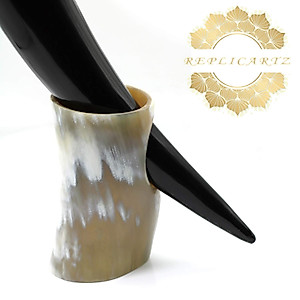Natural FInish Authentic Handcrafted Viking Drinking Horn - 12" Natural - Best for Beer, Mead, Ale… (Brass Rim Polished)