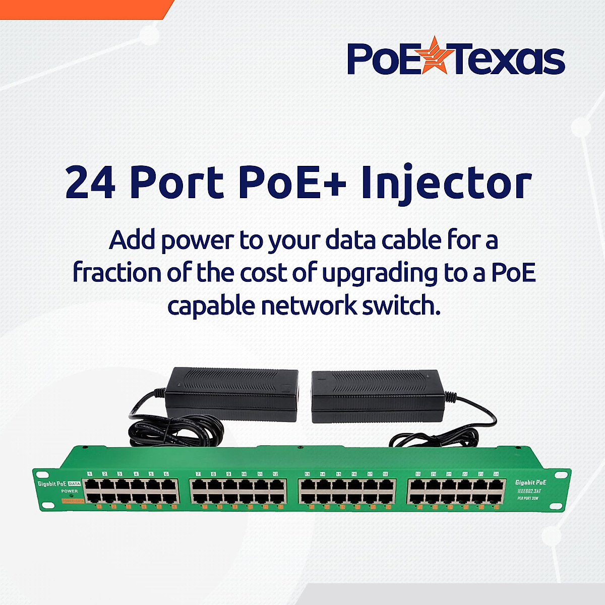 PoE Texas 24 Multi Port IEEE 802.3at PoE+ Injector - Gigabit Data Active Power Over Ethernet for High Powered Devices, 30W PoE Injector for WiFi Access Point & More with 2X 56V 120W Power Supplies