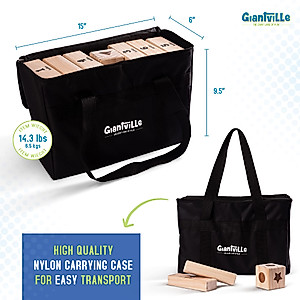 Giantville Giant Tumbling Timber Toy - Premium Pine Wood Life-Size Blocks Tower - Big Floor/Board Indoor/Outdoor Yard Game for Kids & Adults - 54-Pieces + Dice + Carry Bag - Grows to Almost 4-Feet