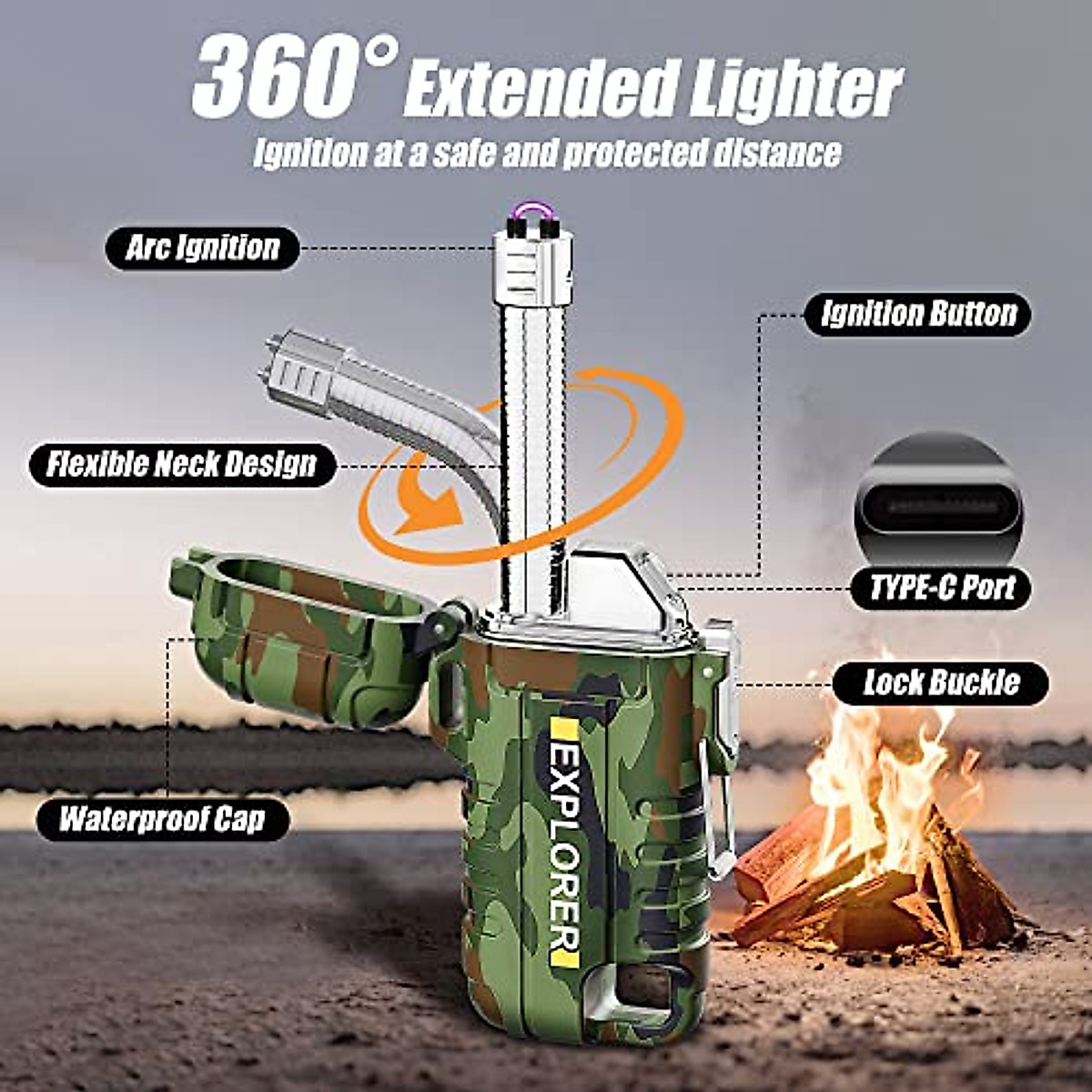 Bistfy Electric 360 Flexible Rechargeable USB Lighter, Type C Arc Plasma Windproof and Waterproof Flameless Grill Lighter for Candle Aromatherapy Camping BBQ Gas Stove