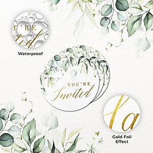 Mobiusea Creation Greenery Wedding Invitation Stickers | 1.4 inch | Gold Foil | 108pcs Waterproof Wedding Envelope Stickers for Wedding, Bridal Shower, Birthday, Baby Shower and Party