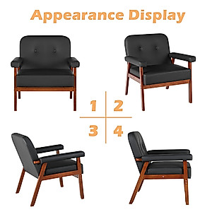STHOUYN Mid Century Faux Leather Black Accent Chairs Set of 2 with Wood Arms, Comfy Reading Chair Small Spaces, Armchair Comfortable Chairs Living Room Bedroom Office, Easy Assembly (2, Black)