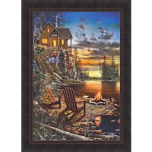 Summer Pleasures by Jim Hansel 24x33 Log Cabin Lake Campfire Adirondack Chairs Sunset Framed Art Print Picture