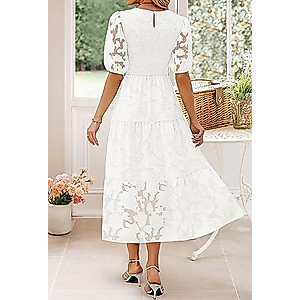ZESICA Women's 2023 Summer Short Puff Sleeve Crewneck Smocked Floral Lace Flowy A Line Tiered Midi Dresses,White,Medium
