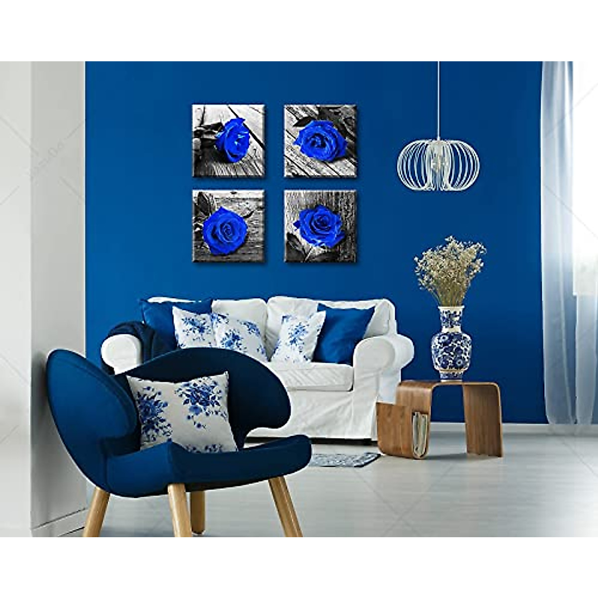 Canvas Wall Art Room Decorations Large Modern Black White Blue Rose Floral Pictures on Grey Valentine'S Day Framed Flower Paintings Decor Multi Panel Turquoise Artwork Living Women Bedroom