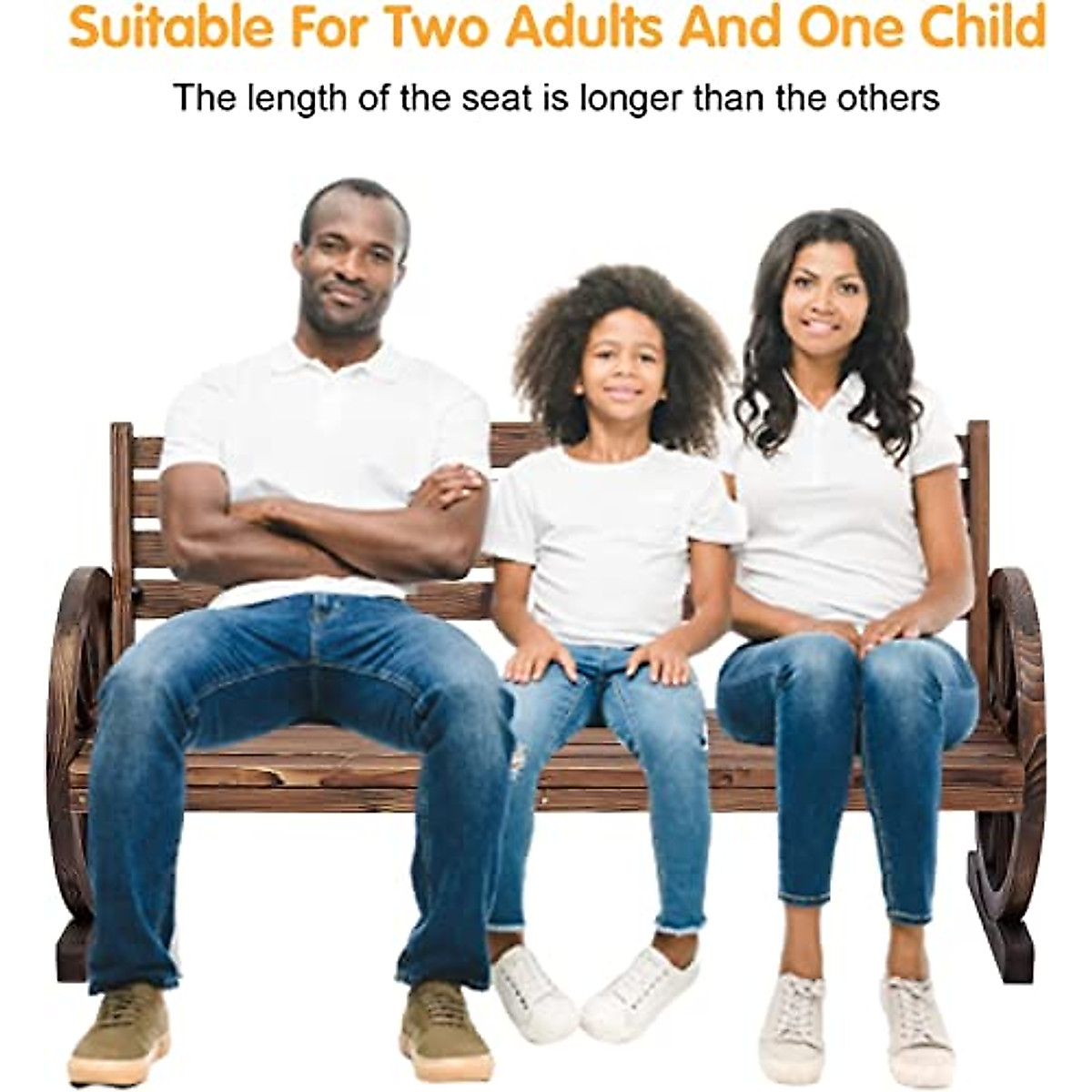 JSUN7 Wooden Outdoor Wagon Wheel Bench - Yard Decorative 3-Person Bench with Backrest Fir Wood Seat Rustic Style for Bench Patio Garden