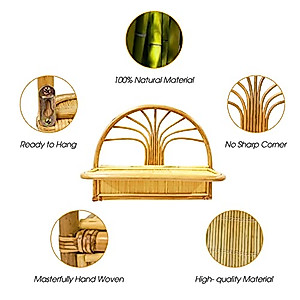 T'Furni Rattan Wall Shelf for Living Room Kitchen Wall Decor - Natural Rattan Floating Shelves - Semicircular Shelf Wall Decor - Natural Hanging Book - Wall Shelf with Storage