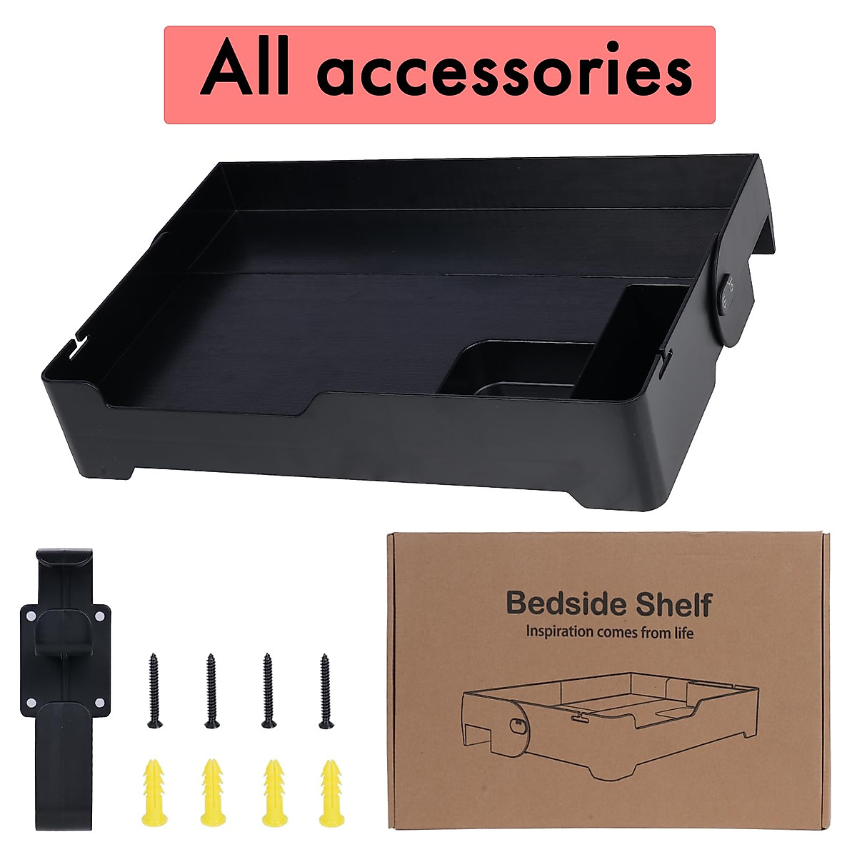 YONGJIA Foldable Bedside Shelf, bunk Bed Tray for top bunk, College, Dorm, Bedroom, Kids bunk Bed, Foldable nightstand for Book, iPhone, Kindle, Water Cup (Black)