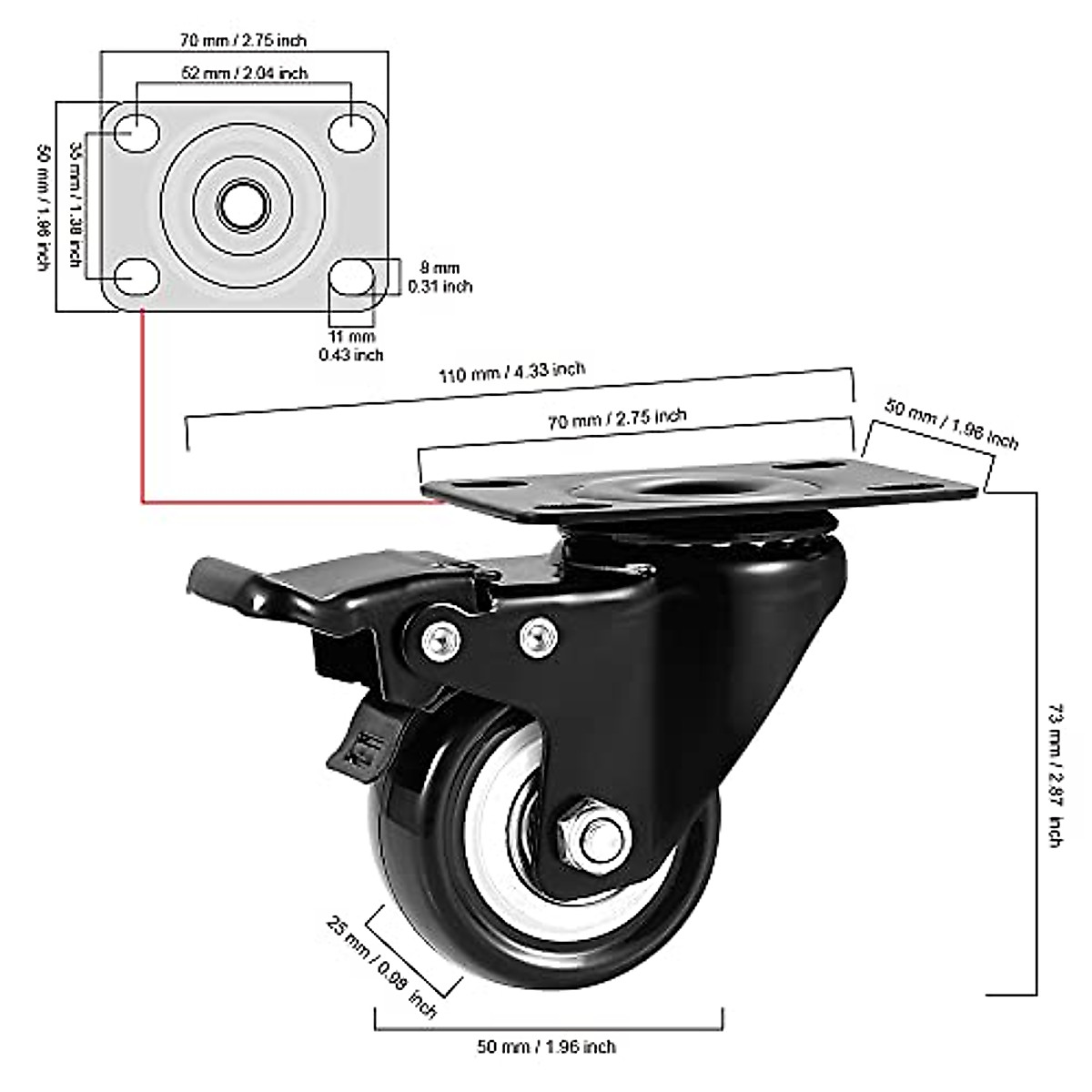 Caster Wheels, 2 inch Casters, Casters Set of 4 Heavy Duty - CLOATFET Locking Casters, Swivel Casters with Brake (Top Plate), Non Marking Black Castor Wheels for Cart Furniture Workbench