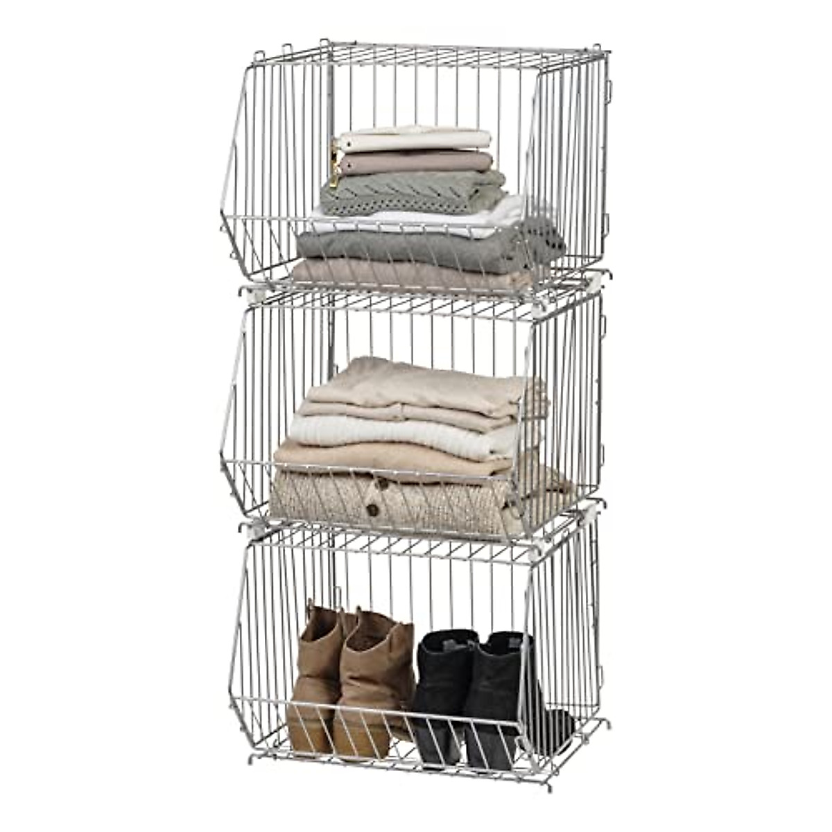 IRIS USA 17" Modular Wire Stacking Storage Basket, Great Storage for Linens, Groceries, Toys, Books, and More, Stackable, Easy Assemble, Multipurpose Home Organizer, Silver