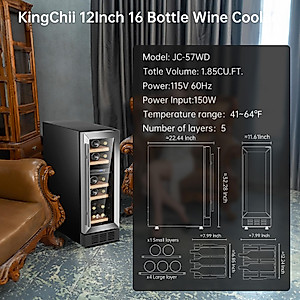KingChii 12Inch 16 Bottle Dual Zone Wine Cooler Refrigerator Professional Compressor, Stainless Steel & Tempered Glass For Red Wine, Champagne - Built-in or Freestanding for Home, Kitchen, or Office