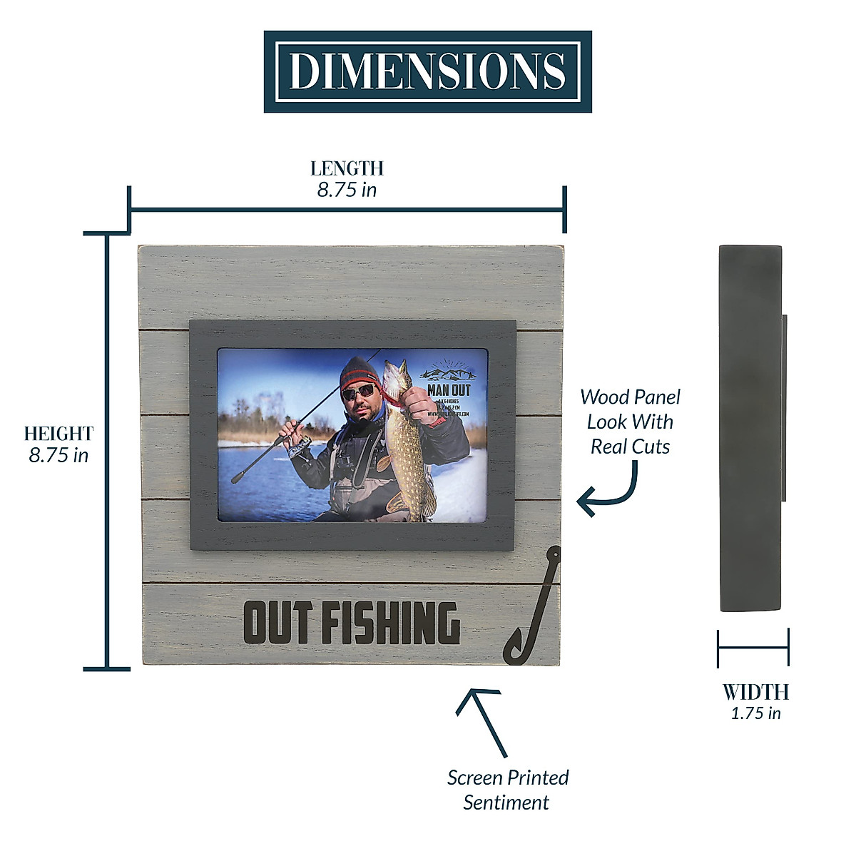 Pavilion - Out Fishing Wood Tabletop Picture Frame, Holds 4 x 6-inch Photo, Rustic Picture Frames, River Vacation Photo Frame, Fishing, 1 Count, 8.75 x 8.75 inches Overall in Size,Gray