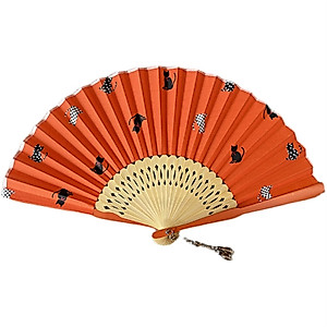 RAN Bamboo Cat Printed Folding Fan, 7.9in Cotton Fabric Folded Fan with Simulated Crystal Pendant, for Women and Men (Color : Orange, Size : 7.9")