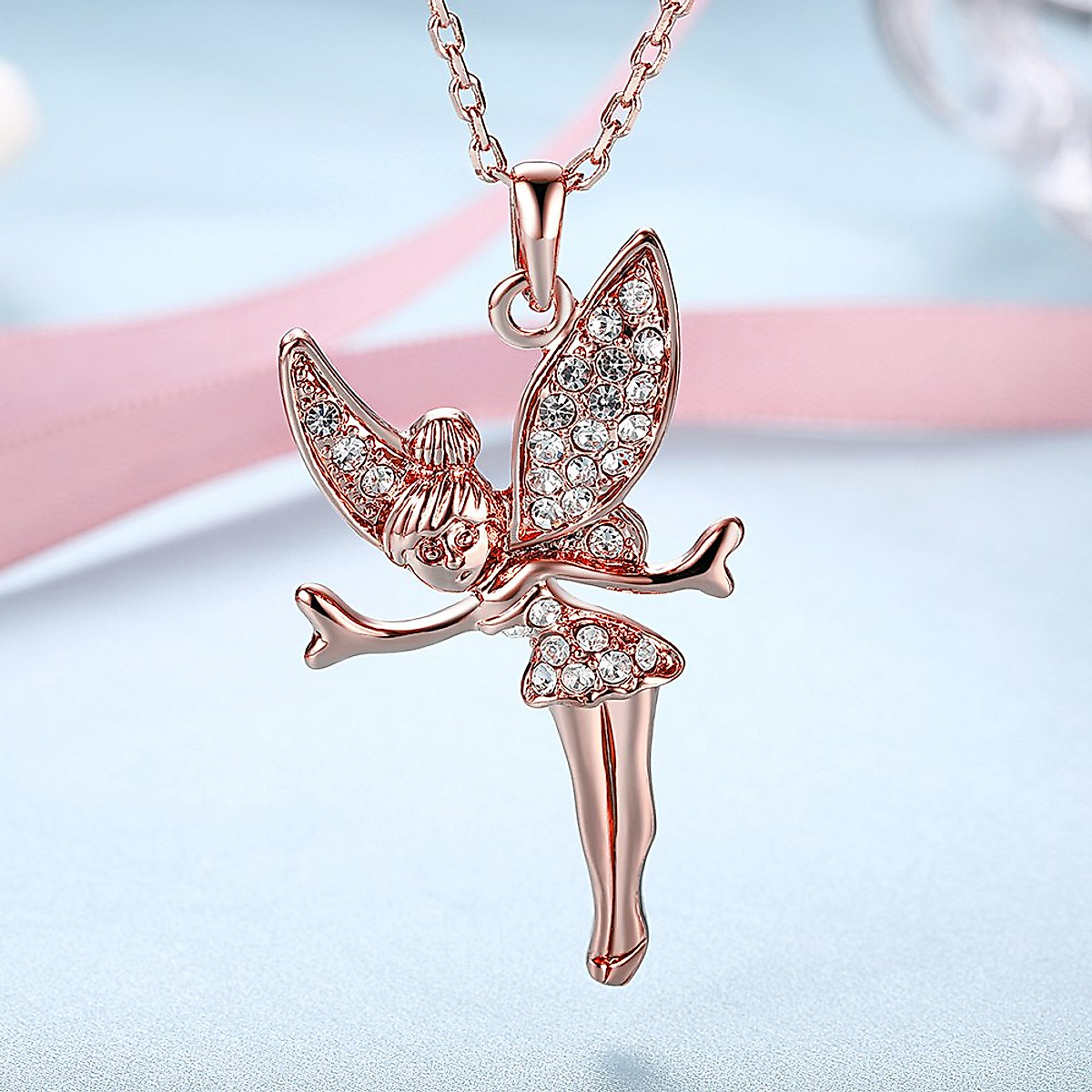 LZD Rose Gold Platinum Plated Necklace Women's Pendant Tinkerbell AWings Fairy AA Zirconia B333 (rose-gold-plated-base)