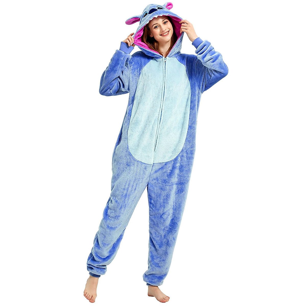 Yemnut Snug Fit Adult Unisex Onesie Cosplay Costume，One Piece Pajama Halloween Homewear Suit for Women and Men (X-Large, Blue Stitch)