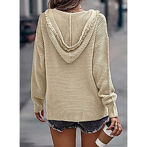 Dokotoo Oversized Sweaters for Women 2023 Fall Fashion Solid Hooded V Neck Long Sleeve Sweater Tops Soft Winter Trendy Cable Ribbed Knit Pullover Drop Shoulder Hoodies Jumpers M Apricot