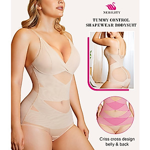 Nebility Women V Neck Shapewear Tummy Control Bodysuit Tank Top Full Body Shaper One Piece Cami Leotard (Large, Beige Normal Size)